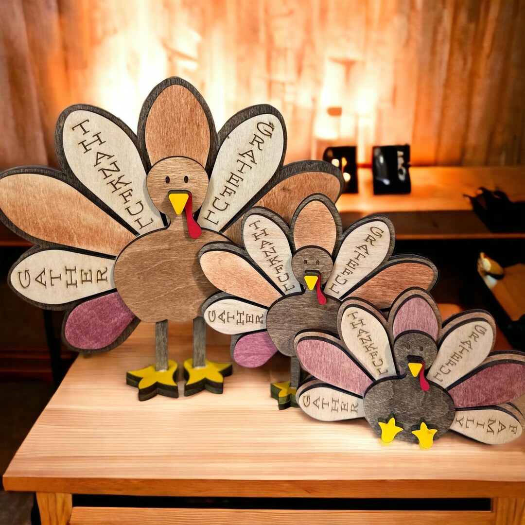 Standing Wood Turkey, Turkey Family, Wood Thanksgiving Decor Center ...