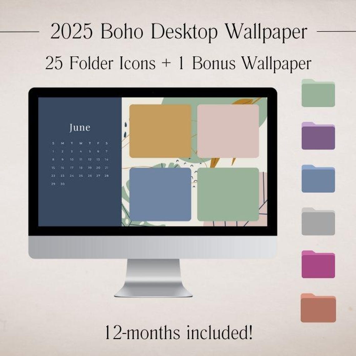 2025 Boho Desktop Calendar Wallpaper With Folder Icons (digital ...