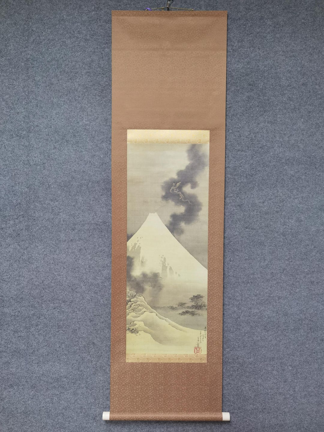 Vintage Japanese Ink Painting Scroll, Fuji Mountain Dragon Painting ...