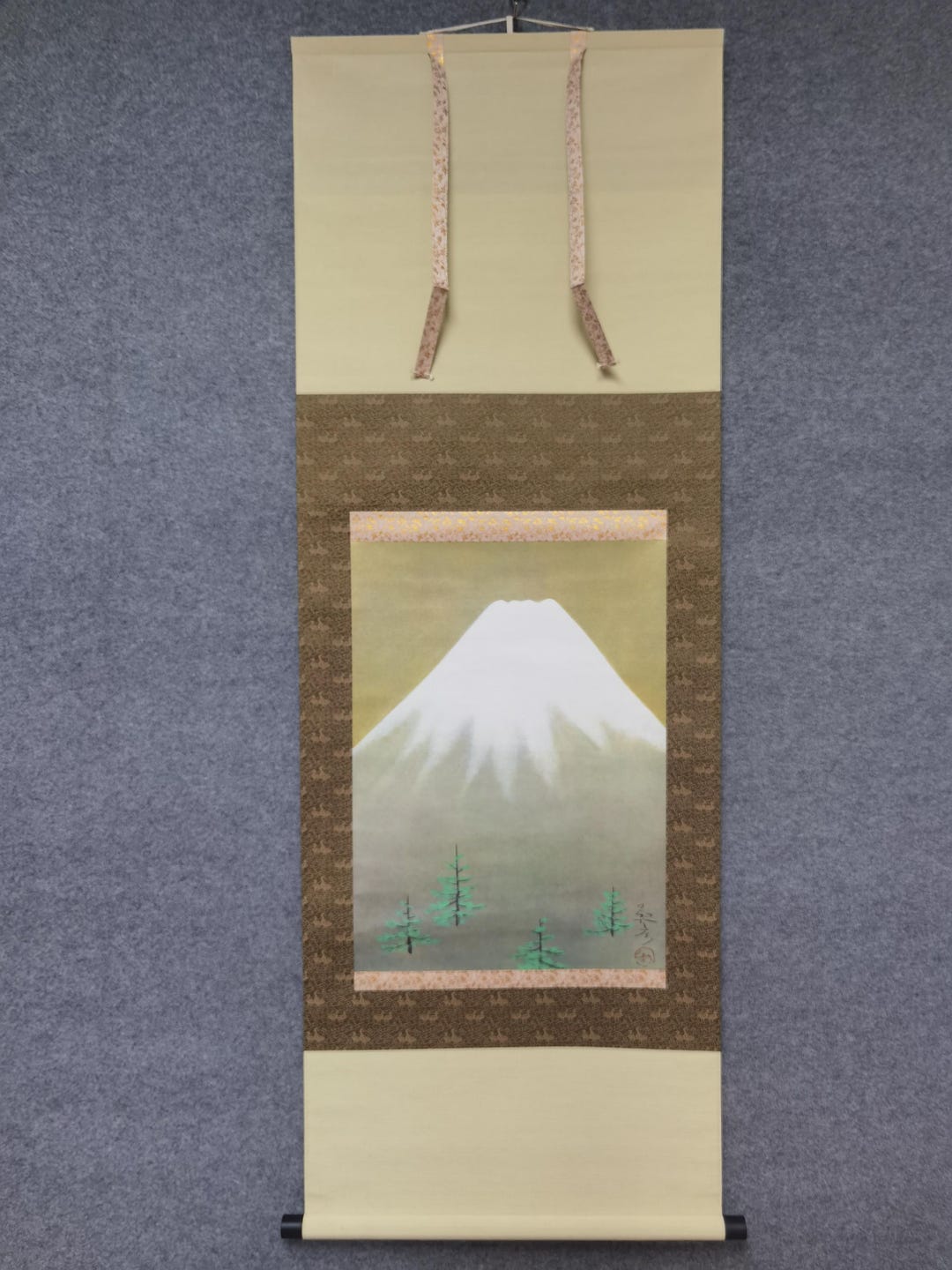 Vintage Japanese Ink Painting Scroll, Fuji Mountain Green Tree Painting ...