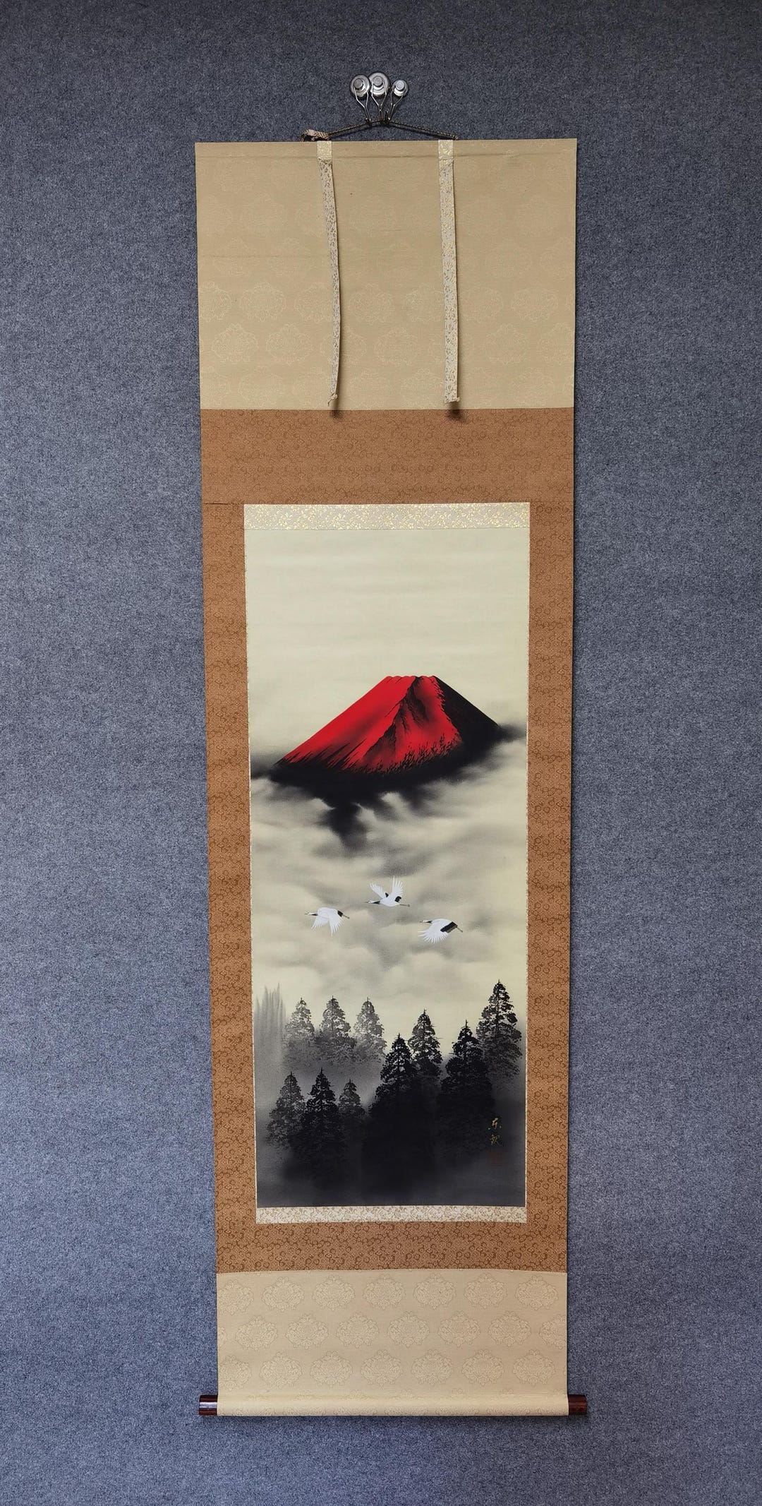 Vintage Japanese Ink Painting Scroll, Red Fuji and Crane Bird Landscape ...