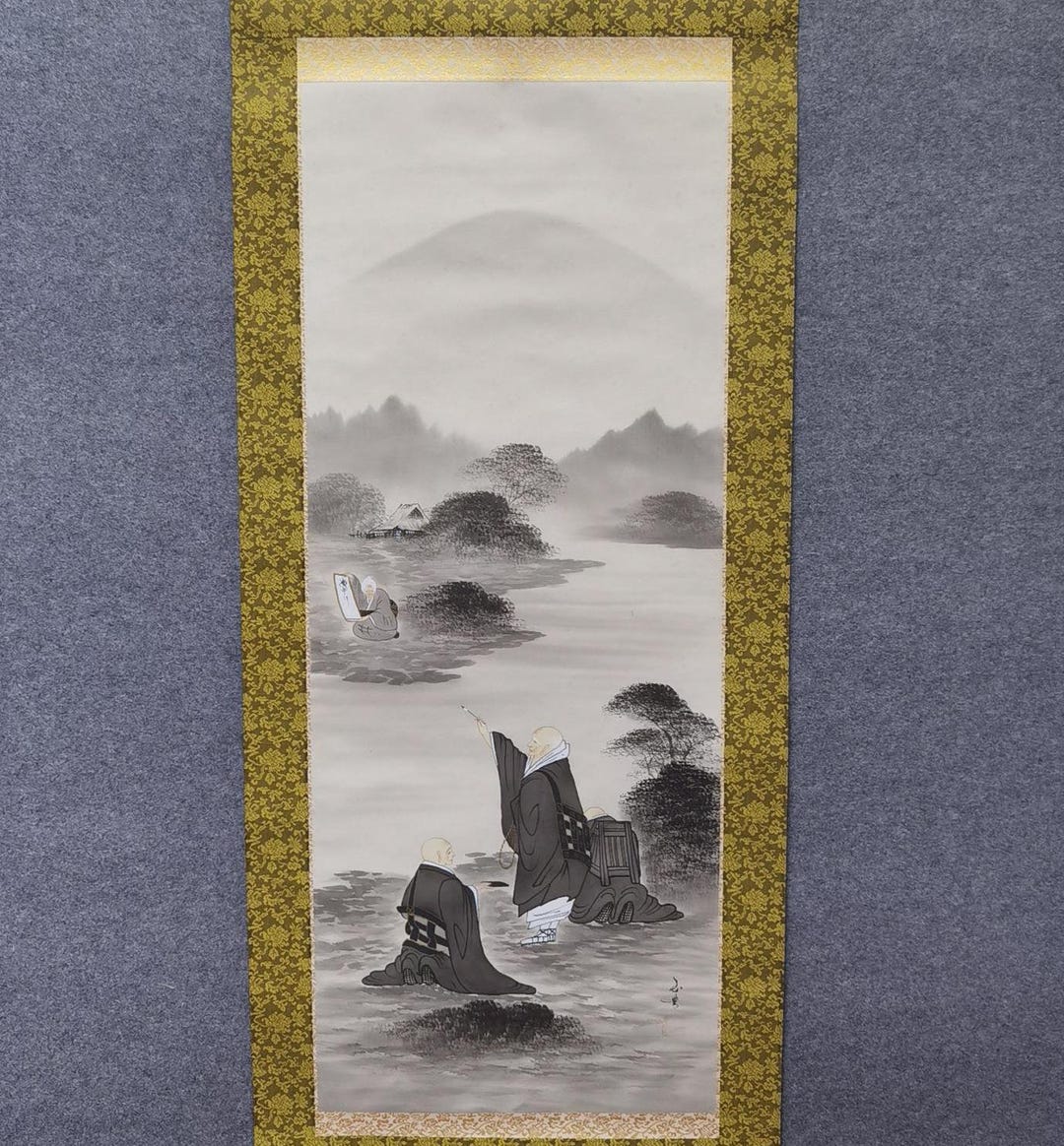 Vintage Japanese Ink Painting Scroll, Monk Old Man Landscape, Japan ...