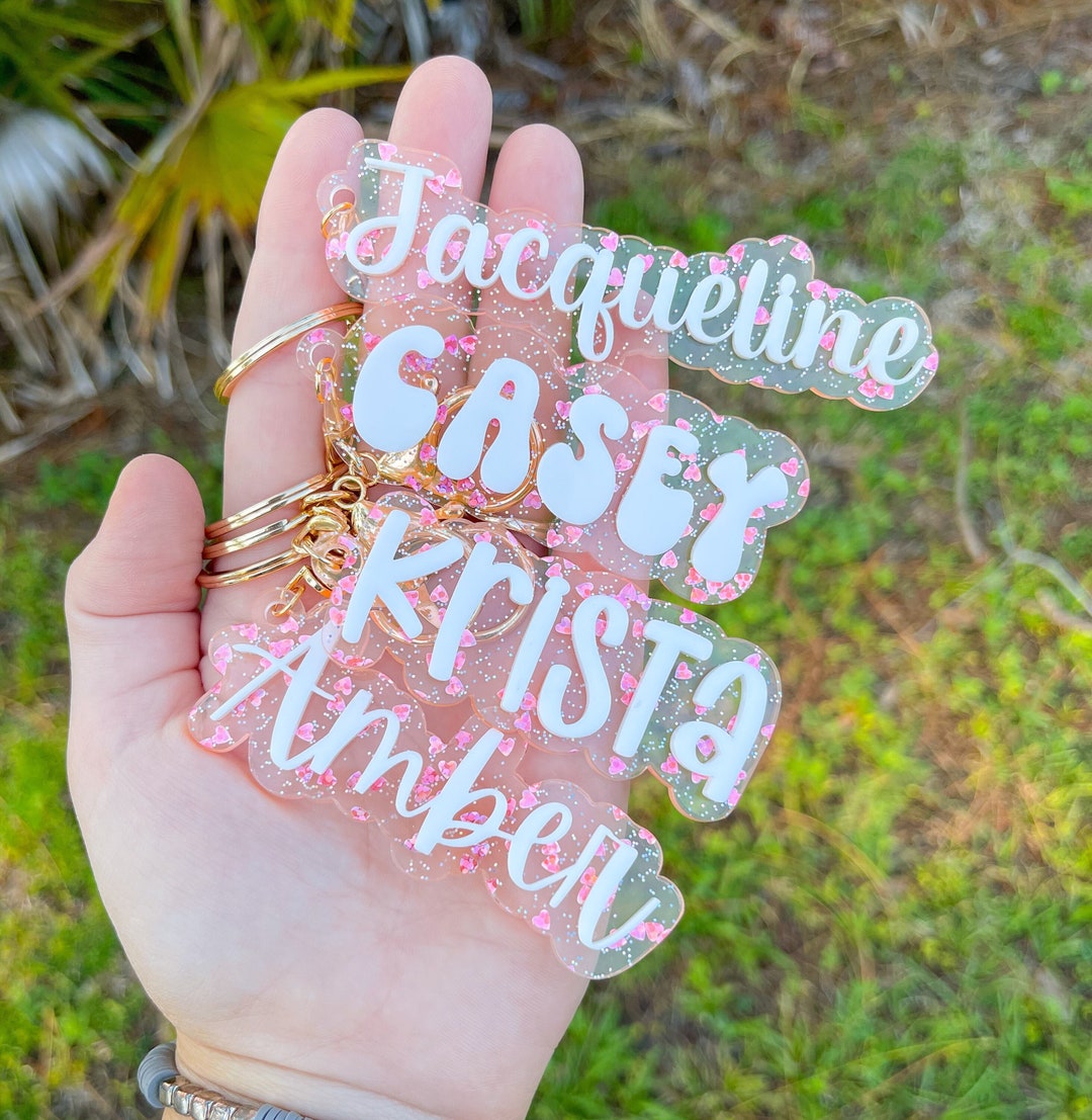 Personalized Acrylic Name Keychain: Holographic Heart Backpack Tag - Etsy
