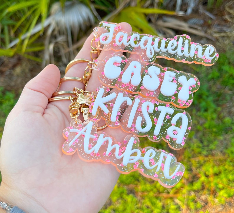 Personalized Acrylic Name Keychain: Holographic Heart Backpack Tag - Etsy
