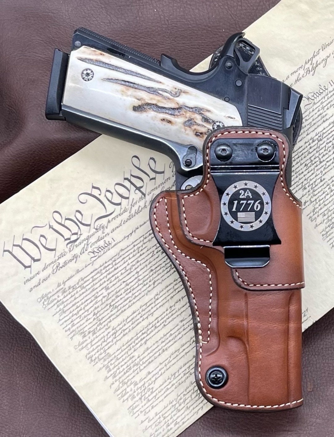 IWB Holster RH 1911 5 Government Model in Saddle Oil Finish dont Tread on Me or 1776 2nd ...