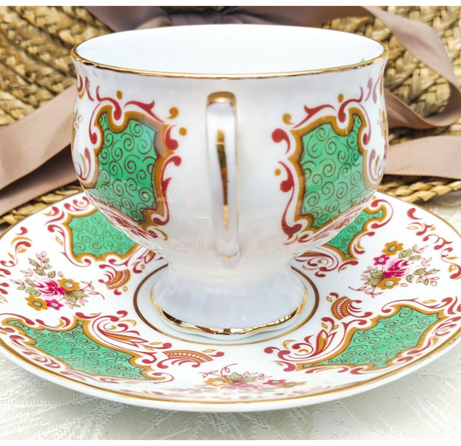 Vintage Handmade Footed Tea Cup and Saucer Set Green and Gold - Etsy