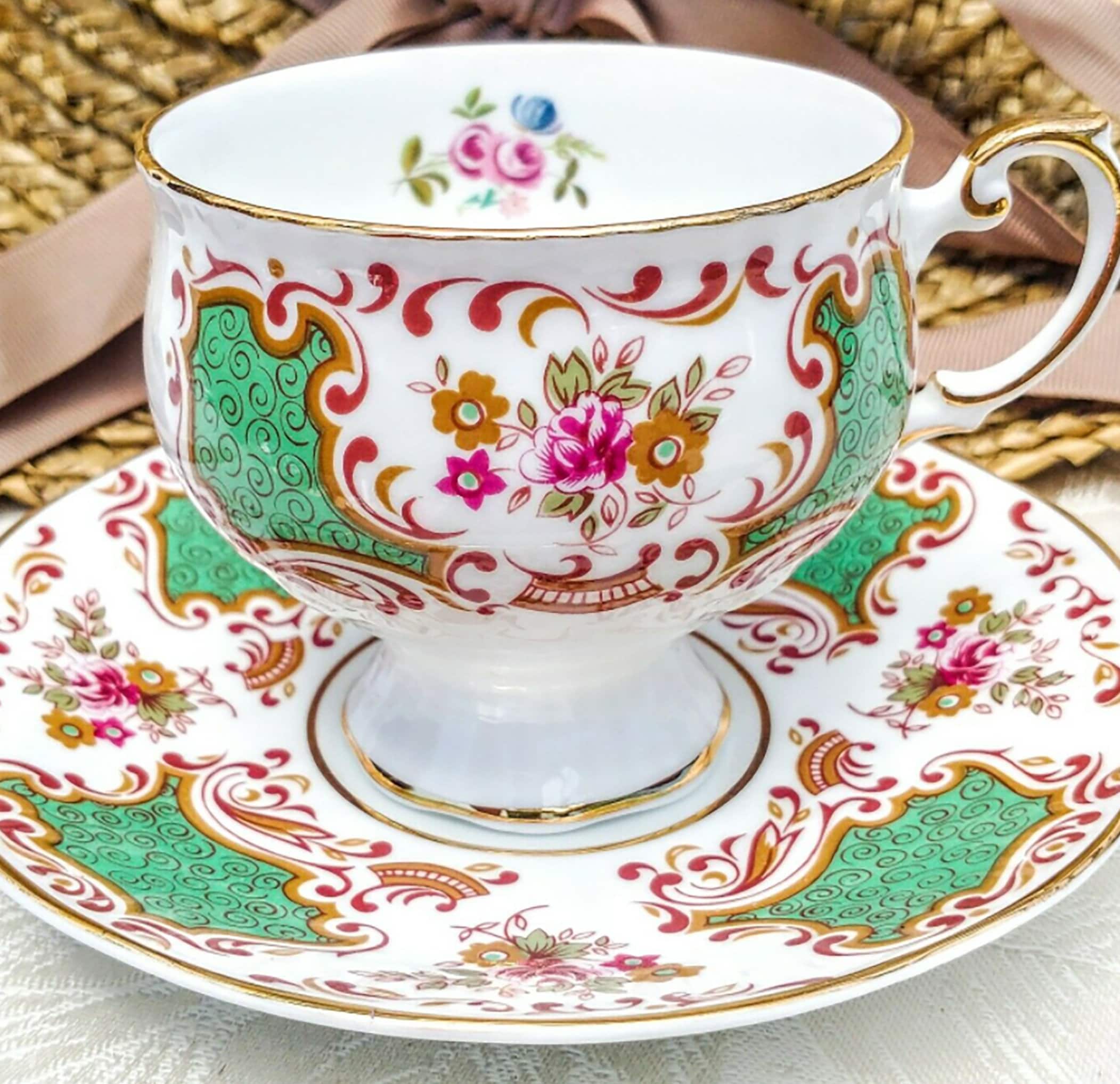 Vintage Handmade Footed Tea Cup and Saucer Set Green and Gold Panels - Etsy