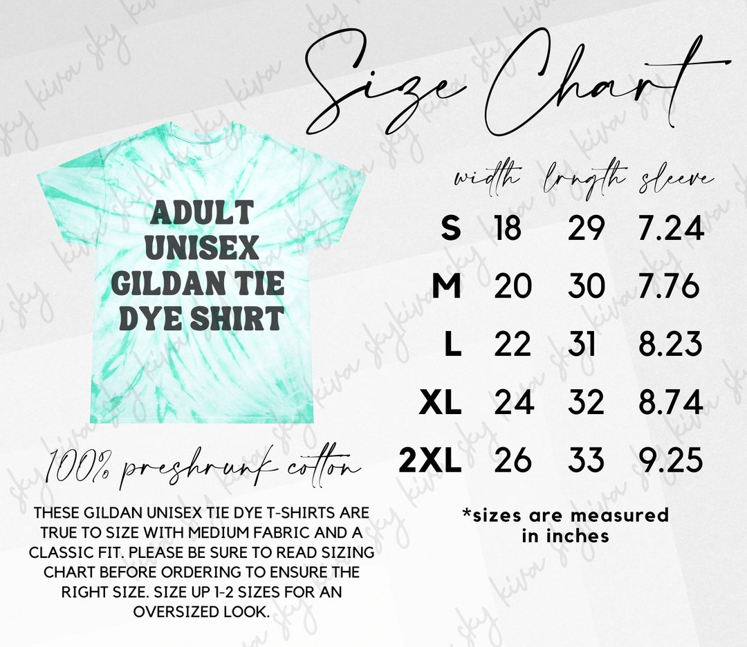 Tie Dye T-shirt Size Chart Mock Up, Gildan Tie Dye Mock Up, Gildan Size ...