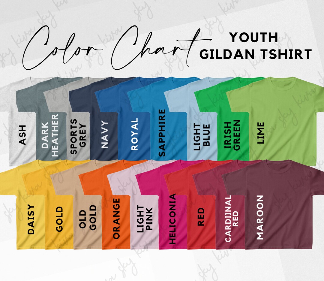 Gildan 5000B Color Chart, Youth Gildan Color Guide, 5000B Mockup, Youth Gildan Mock Up, Color ...