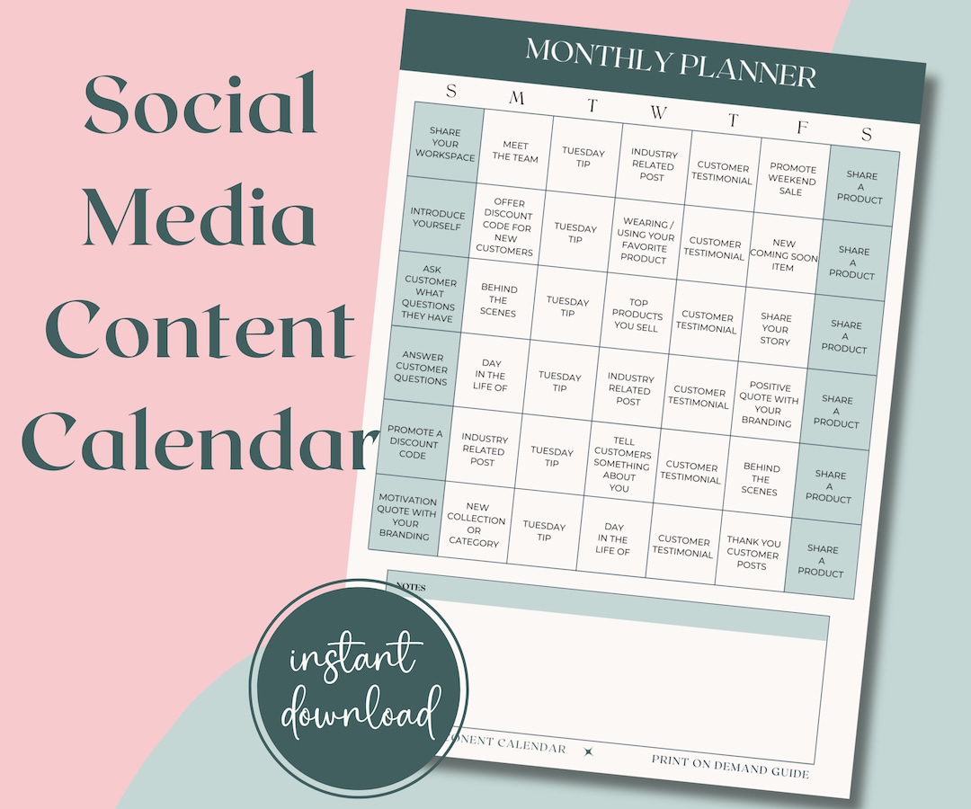 Social Media Content Calendar, Monthly Content Planner, Content Idea ...