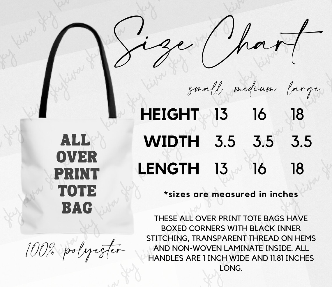 Tote Size Chart, Tote Mockup, Aop Tote Mock Up, Printify Size Chart, Generic Brand Tote Chart ...