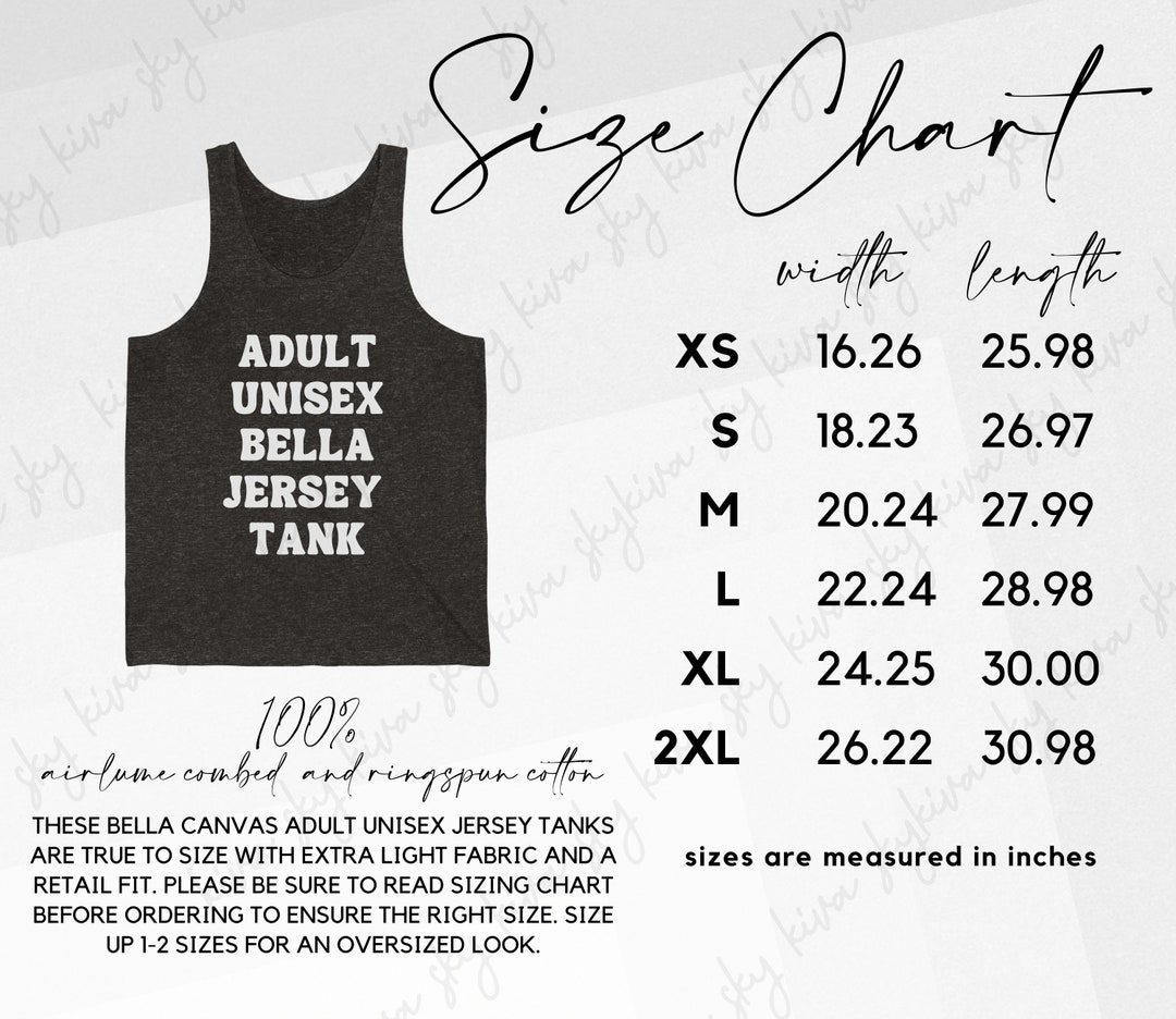 Bella Canvas Tank Top Size Chart, Bella Canvas 3480, Unisex Tank Size ...