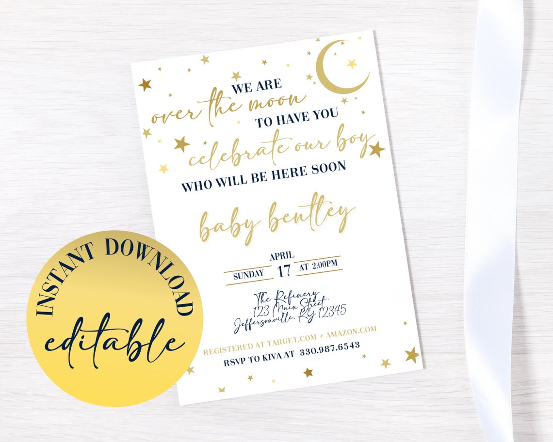 Over the Moon Stars Baby Shower Invitation, EDITABLE Stars & Moon Baby ...