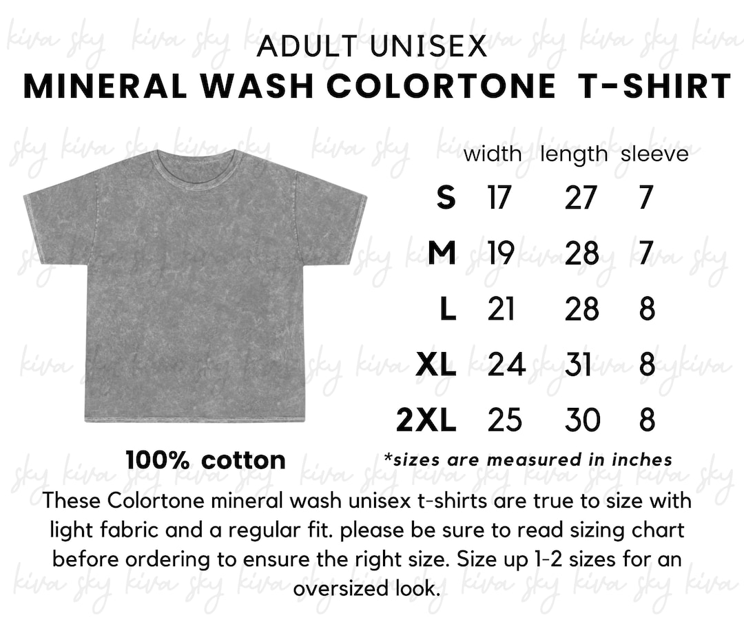 Mineral Wash Size Chart, Colortone Size Chart, Mineral Wash Mockup ...