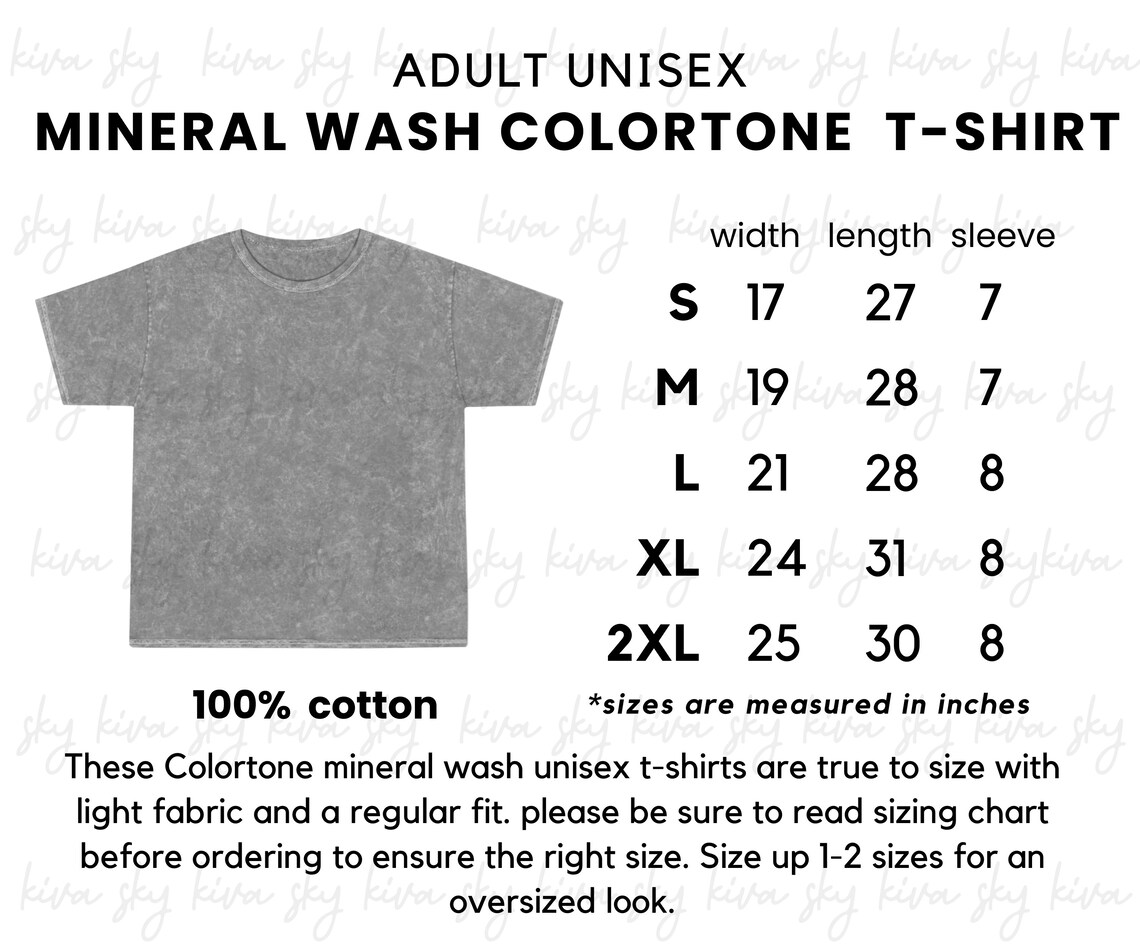 Mineral Wash Size Chart, Colortone Size Chart, Mineral Wash Mockup ...