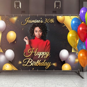 Custom Photo Birthday Backdrop, Gold Sparkle Birthday Party Backdrop ...