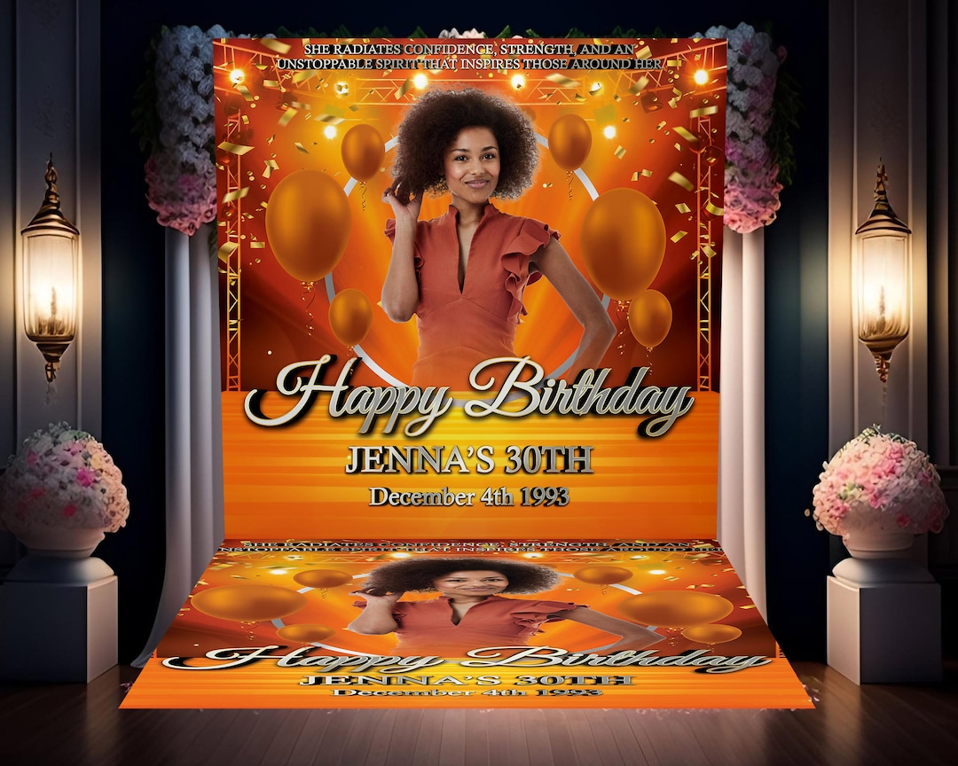 Custom Photo Birthday Backdrop AND Floor Decal- Orange Banner Birthday ...