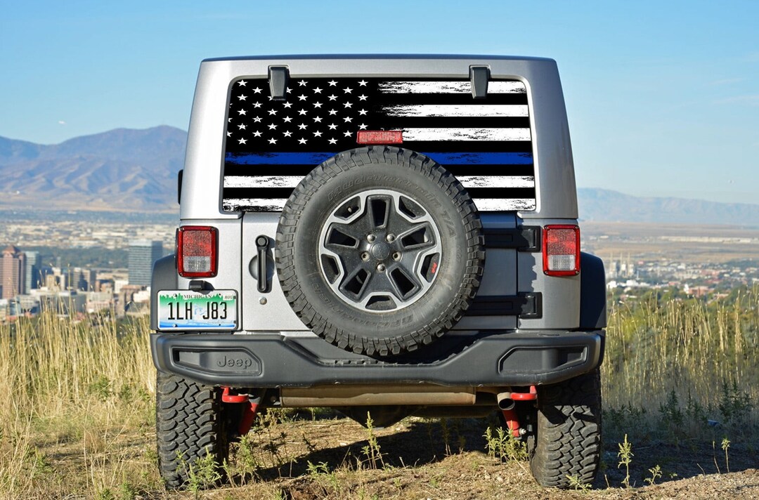 Blue Line Jeep Wrangler Rear Window Wrap Graphic Decal Perforated Vinyl ...