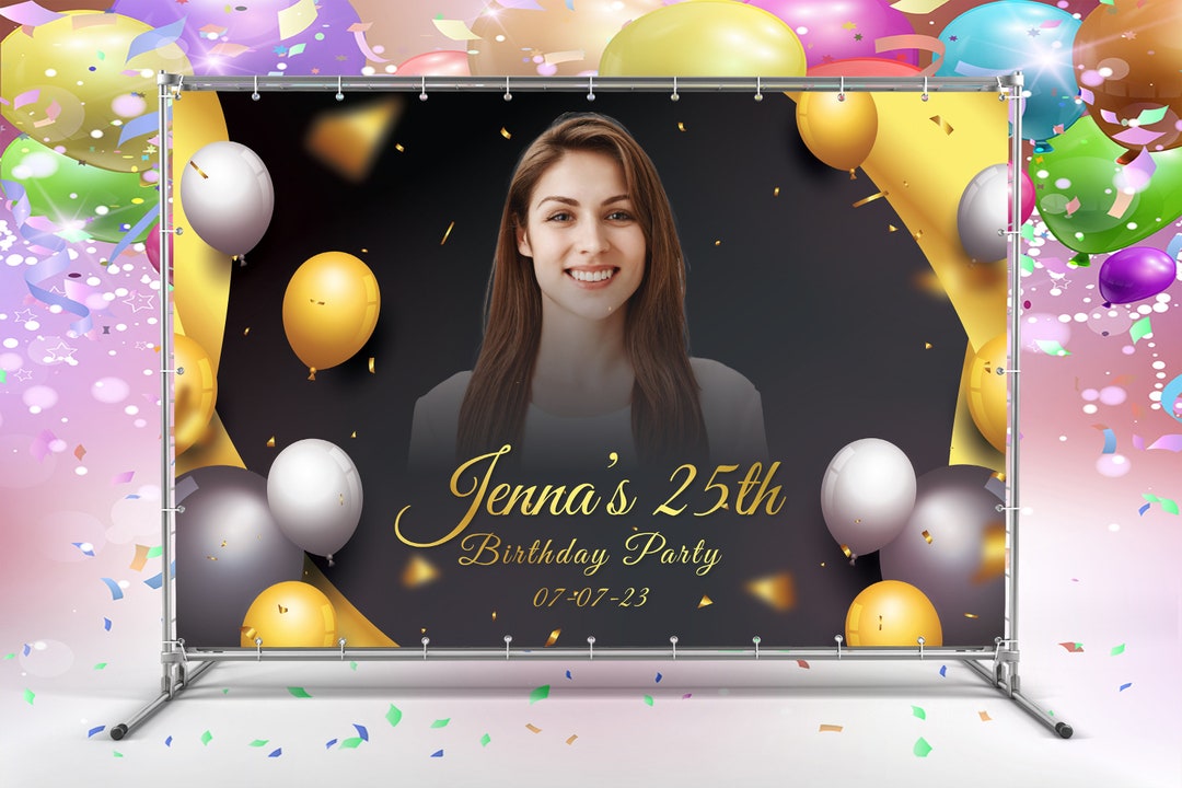 Custom Photo Birthday Backdrop, Black and Gold Balloon Birthday Banner ...