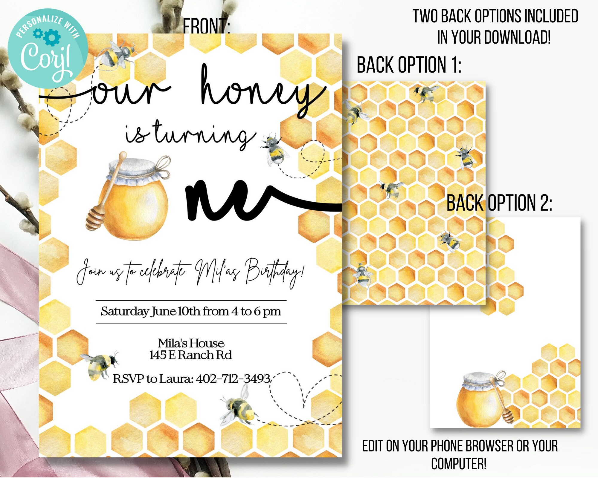Editable First Birthday Invite, Bee-day 1st Birthday, Bee First ...