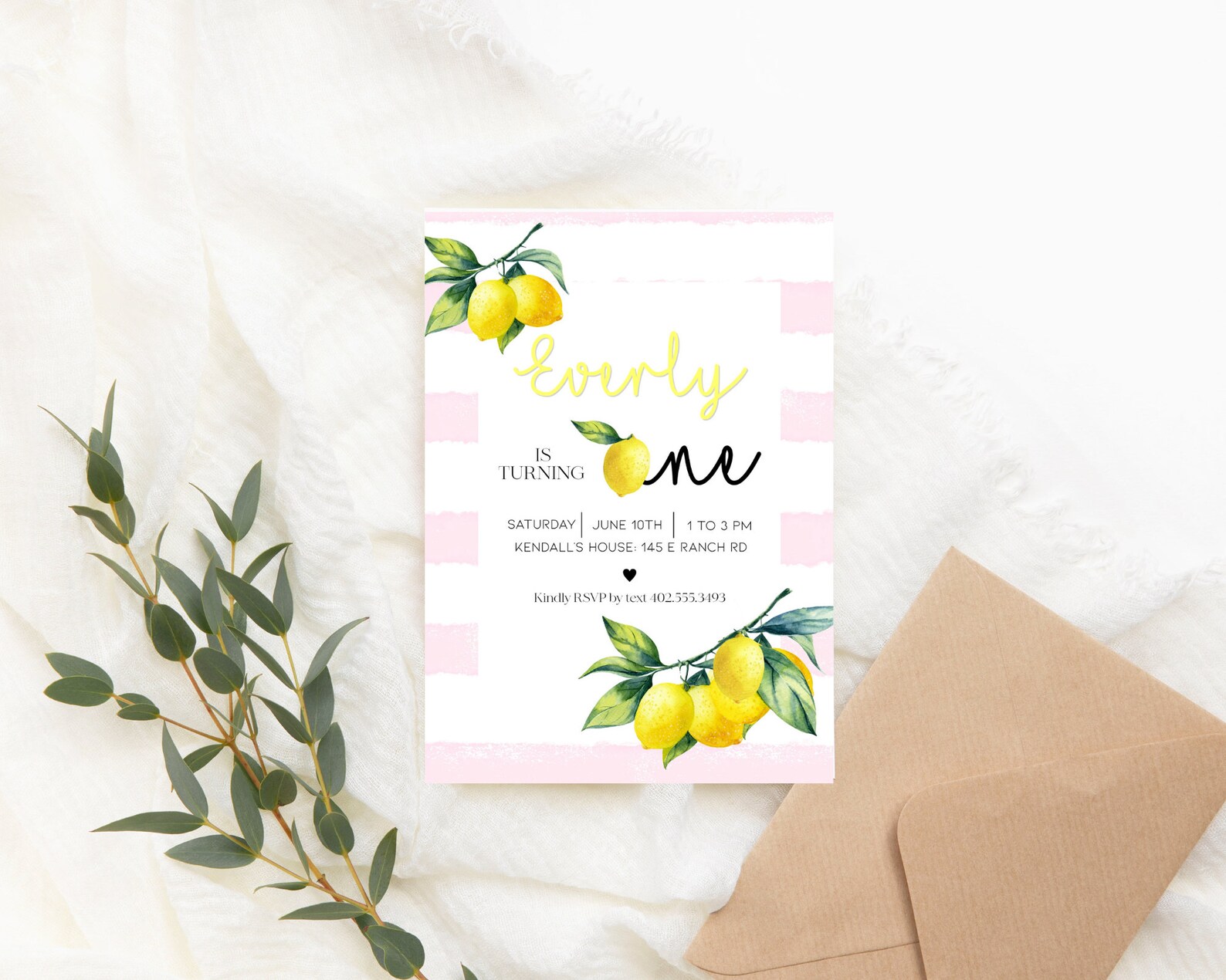 Lemon First Birthday Invite, Lemonade First Birthday, Lemon Birthday ...