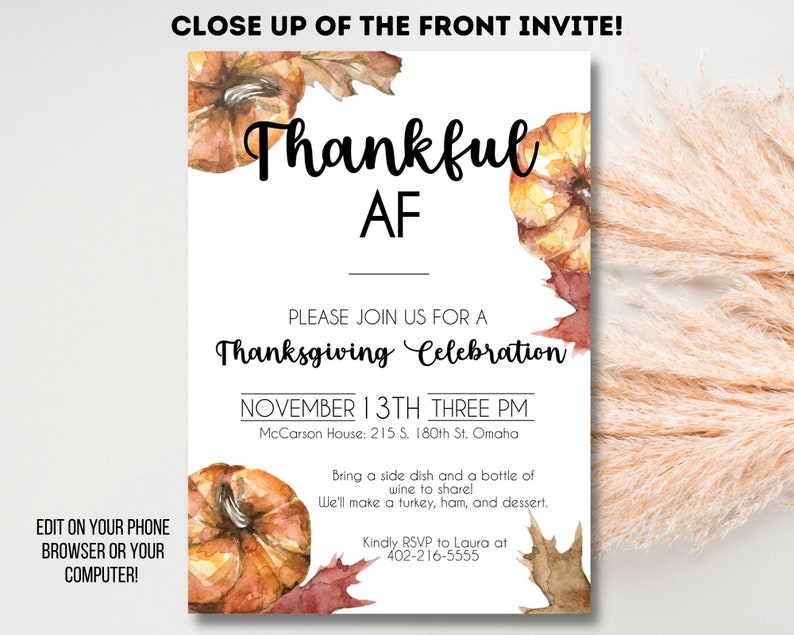 DIGITAL Friendsgiving Invitation, Thankful AF Editable Invite Template ...
