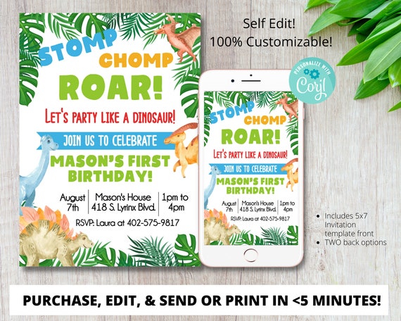 Boy Birthday Invitation Dinosaur Birthday Invite First | Etsy