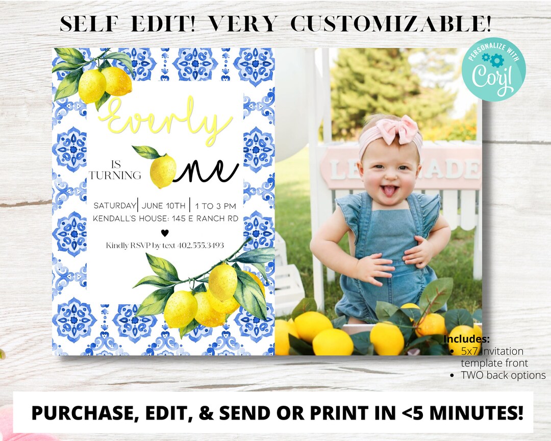 Lemon First Birthday Invite With Photo, Lemonade 1st Birthday, Lemon ...