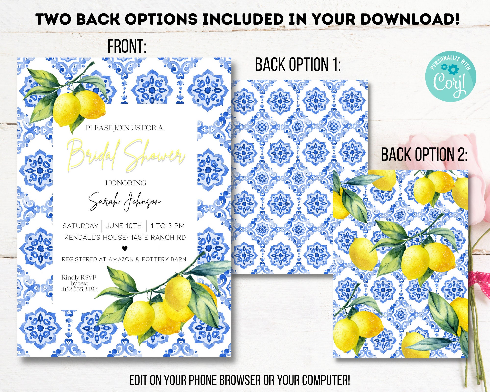 Mediterranean Lemon Bridal Shower Invitation Template, Italian Blue ...