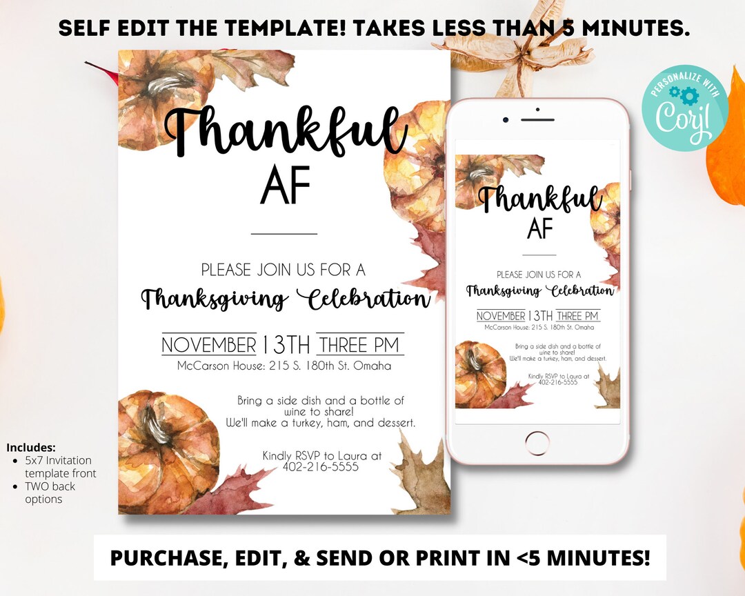 DIGITAL Friendsgiving Invitation, Thankful AF Editable Invite Template ...