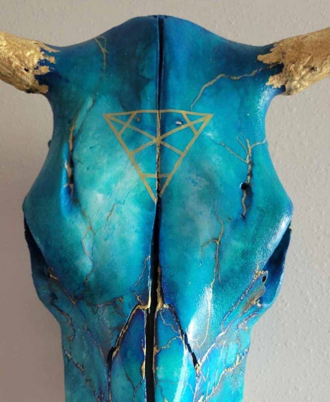 Hand Painted Turquoise Cow Skull With Gold Veins/matrix - Etsy