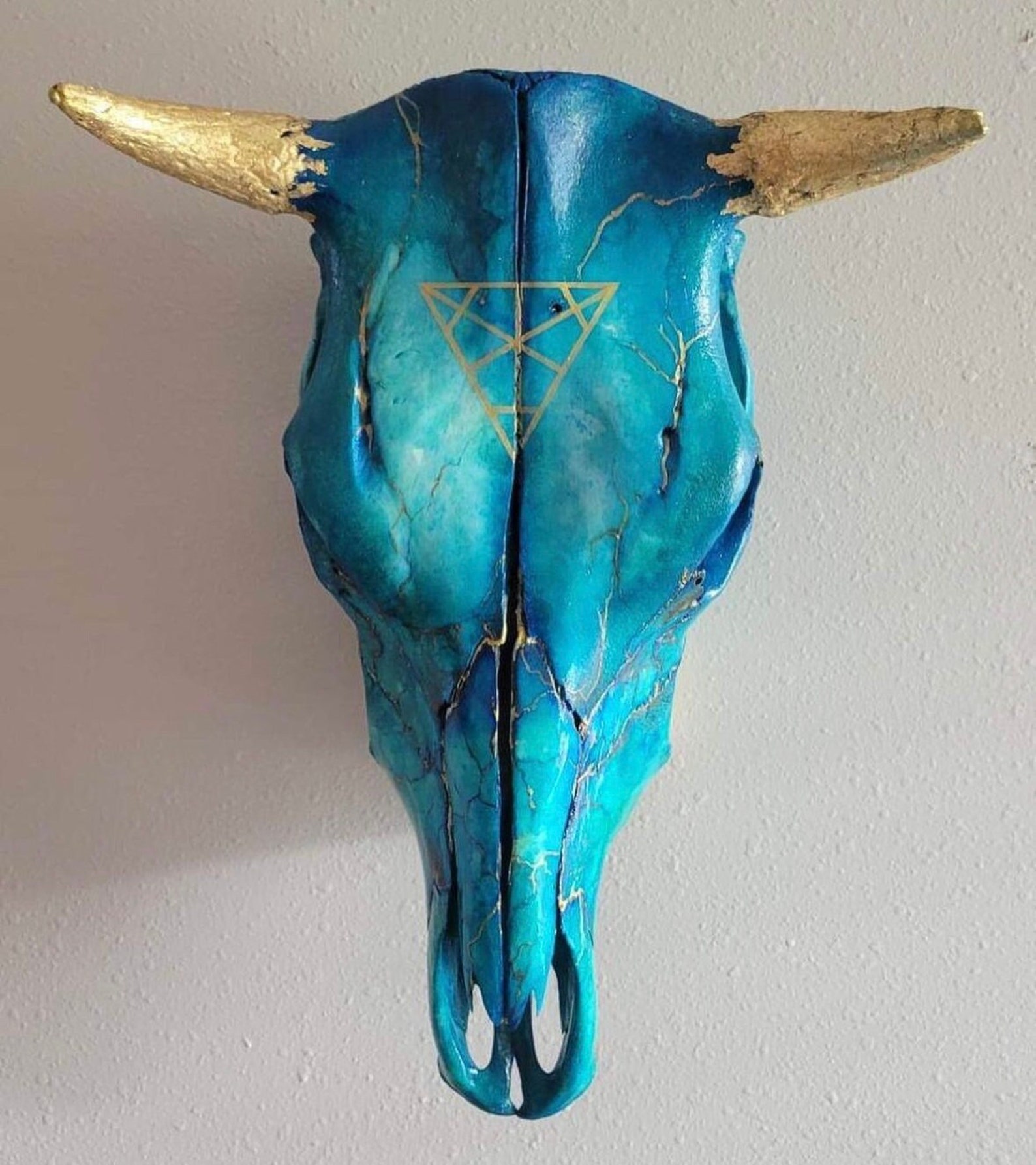 Hand Painted Turquoise Cow Skull With Gold Veins/matrix - Etsy