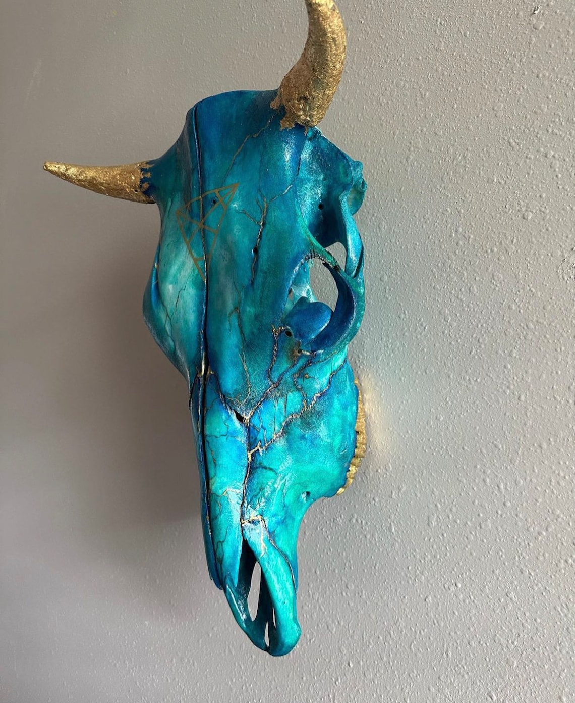 Hand Painted Turquoise Cow Skull With Gold Veins/matrix - Etsy
