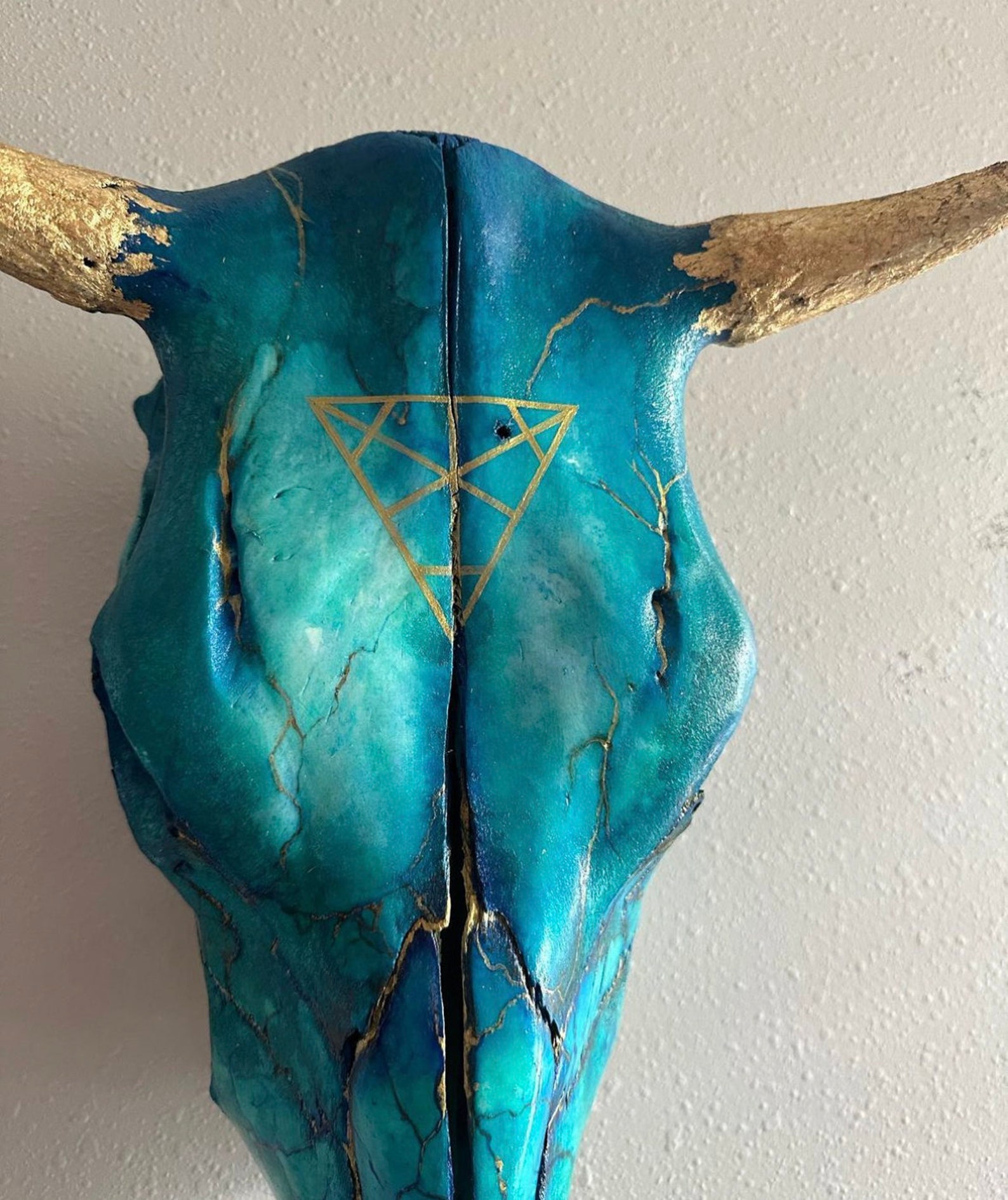 Hand Painted Turquoise Cow Skull With Gold Veins/matrix - Etsy
