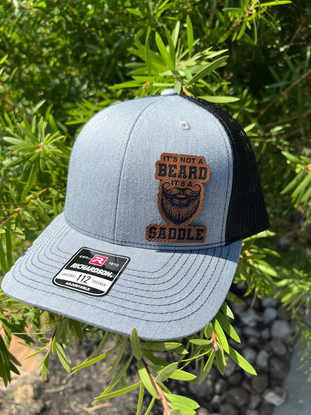 Leather Patch Hat: Funny Beard Saddle Design - Richardson 112 Snapback ...