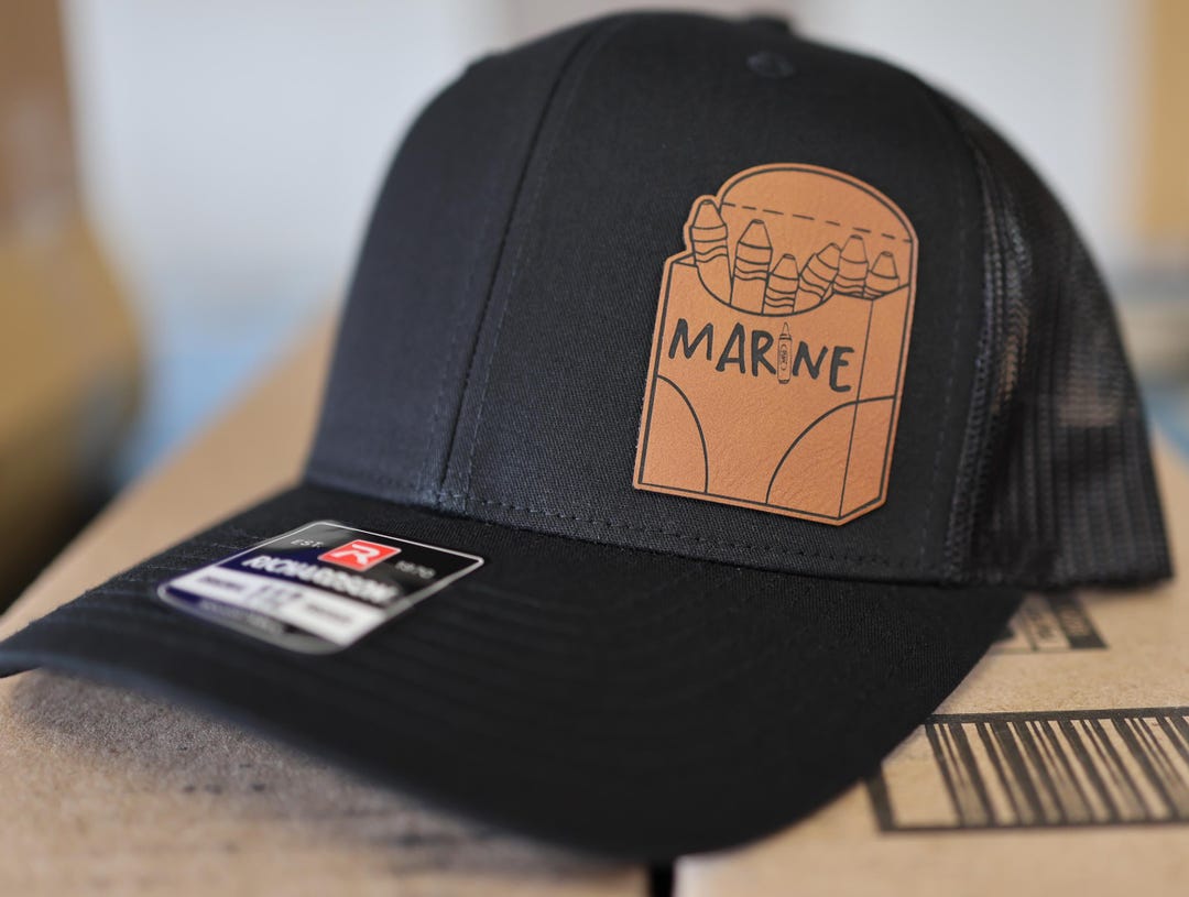 USMC Marines Crayon Box Leather Hat Patch Richardson Hat Mesh Back Snap ...