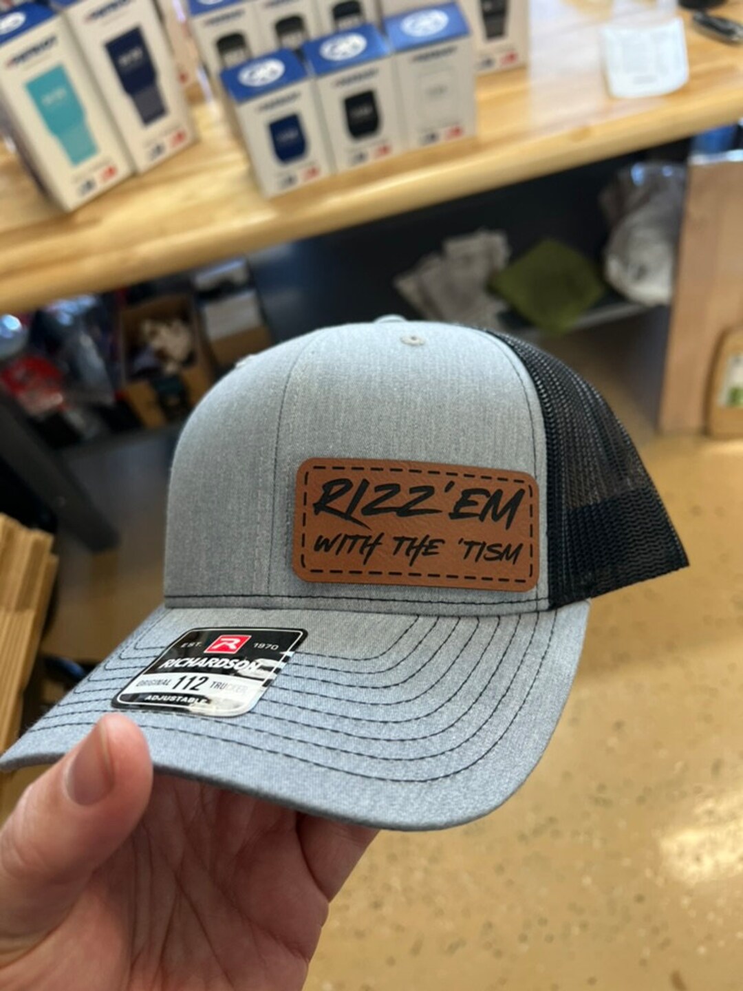 Rizz'em With the 'tism Leather Hat Patch Richardson Hat Mesh Back Snap ...