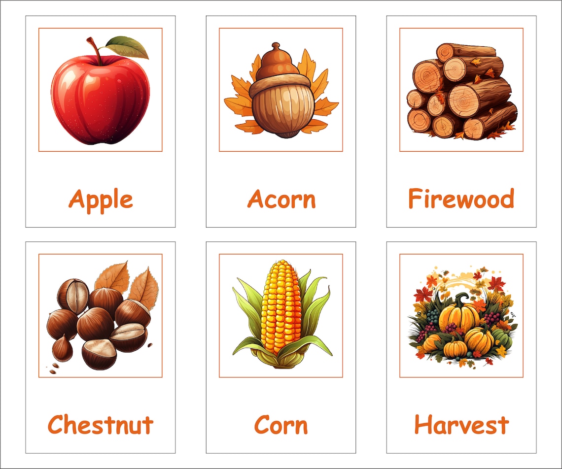 30 Fall Flashcards for Kids, Autumn-themed Vocabulary Cards, Seasonal ...