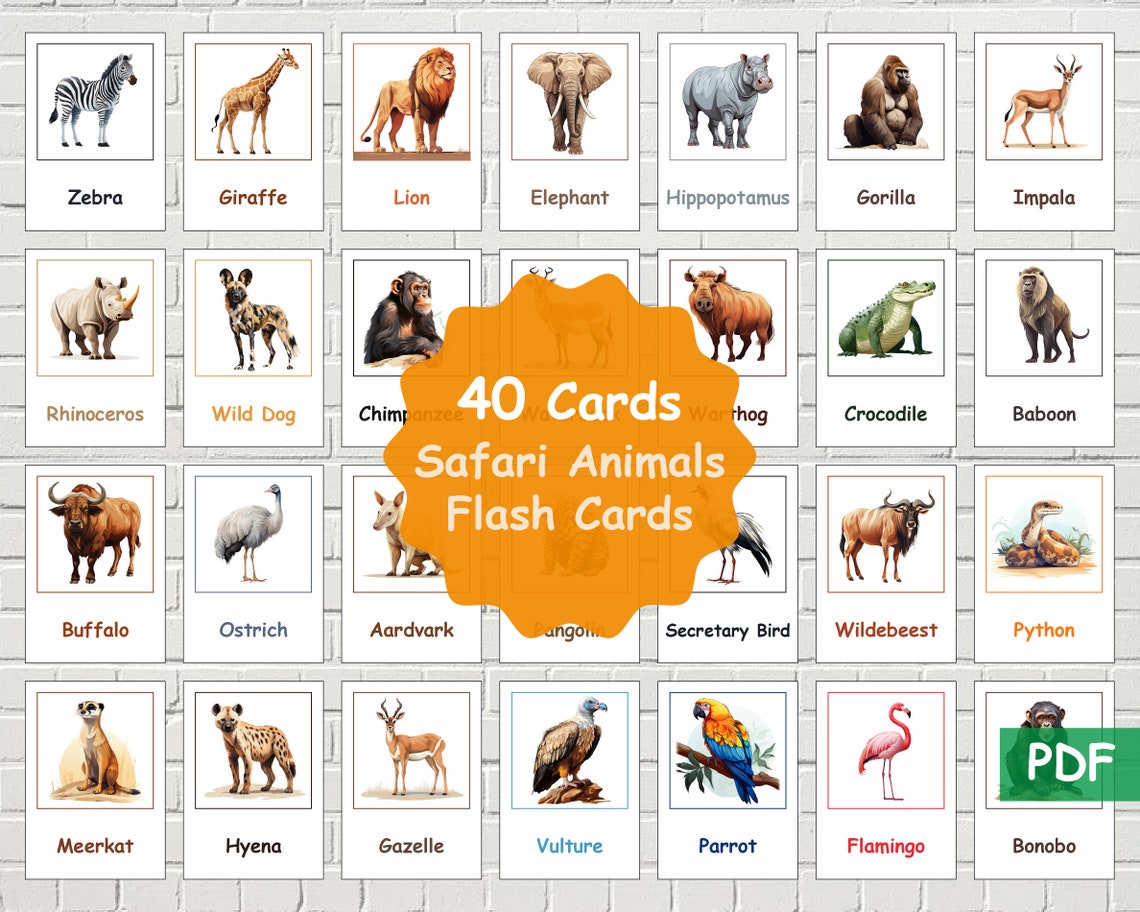 40 Safari Animals Flashcards, Printable Animal Flashcards, Animals ...