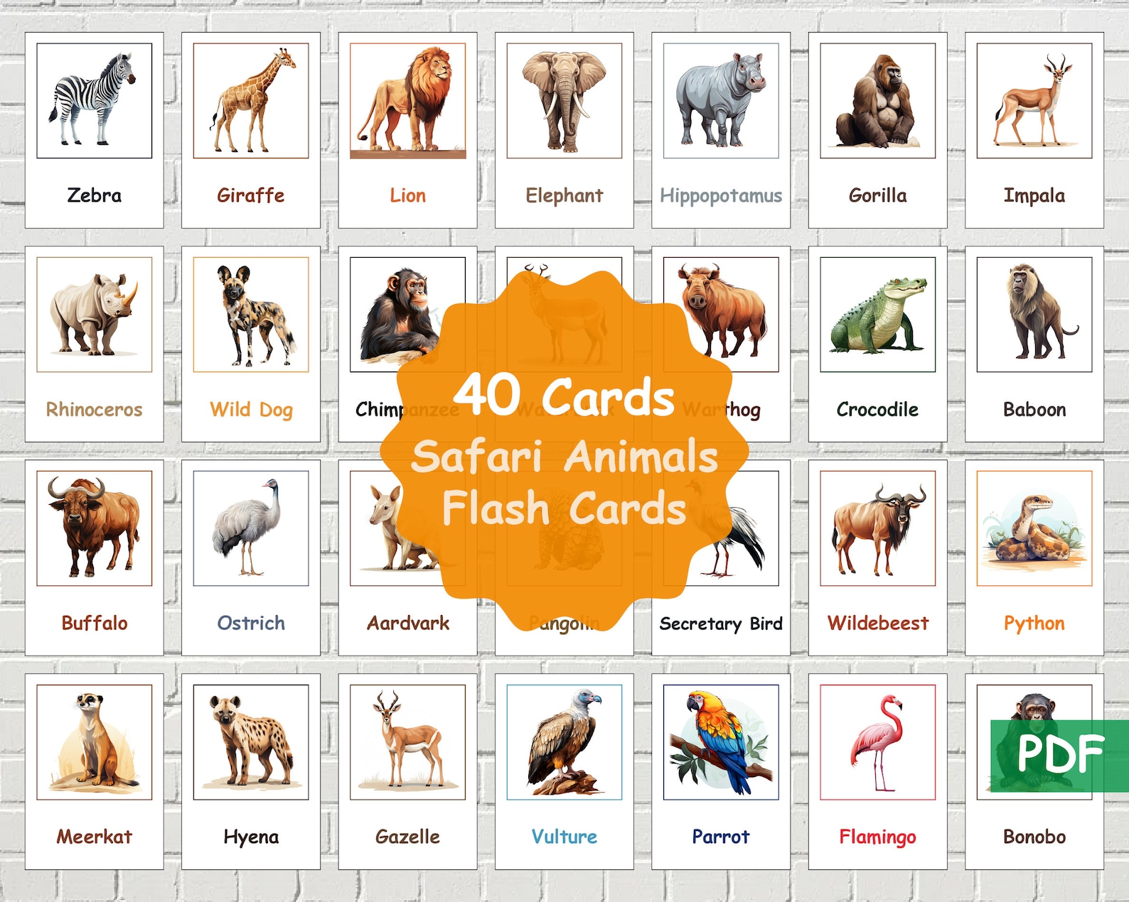 40 Safari Animals Flashcards, Printable Animal Flashcards, Animals ...