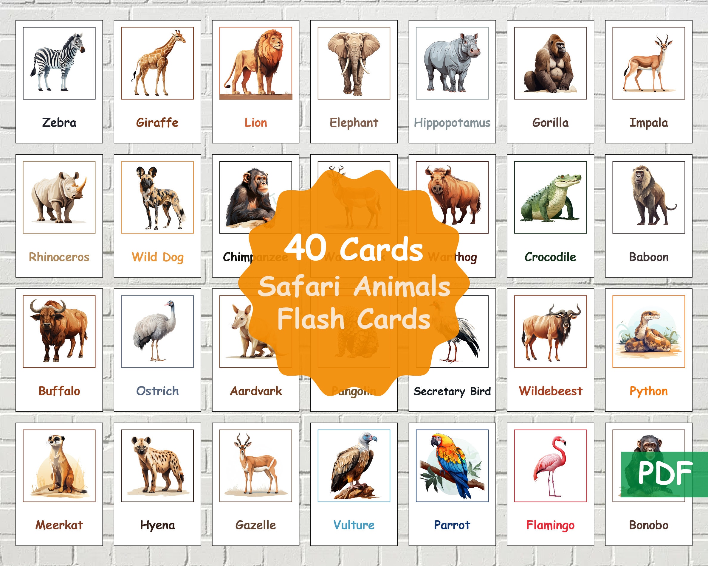 40 Safari Animals Flashcards, Printable Animal Flashcards, Animals ...