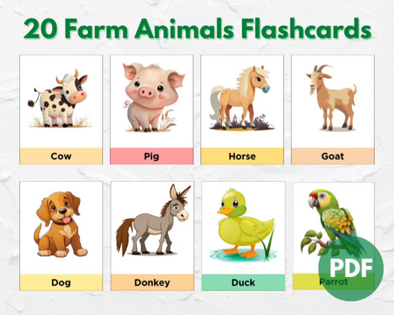 20 Farm Animals Flashcards, Farm Flash Cards, Pre-school Flashcards ...