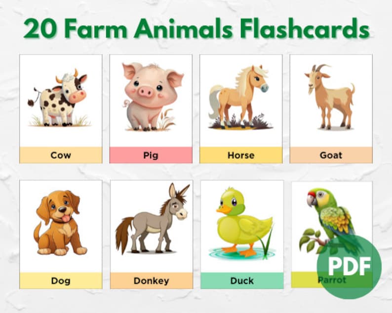 20 Farm Animals Flashcards, Farm Flash Cards, Pre-school Flashcards ...