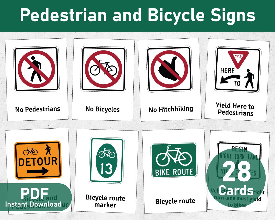 USA Pedestrian and Bicycle Signs, Road Signs Test Flash Cards ...