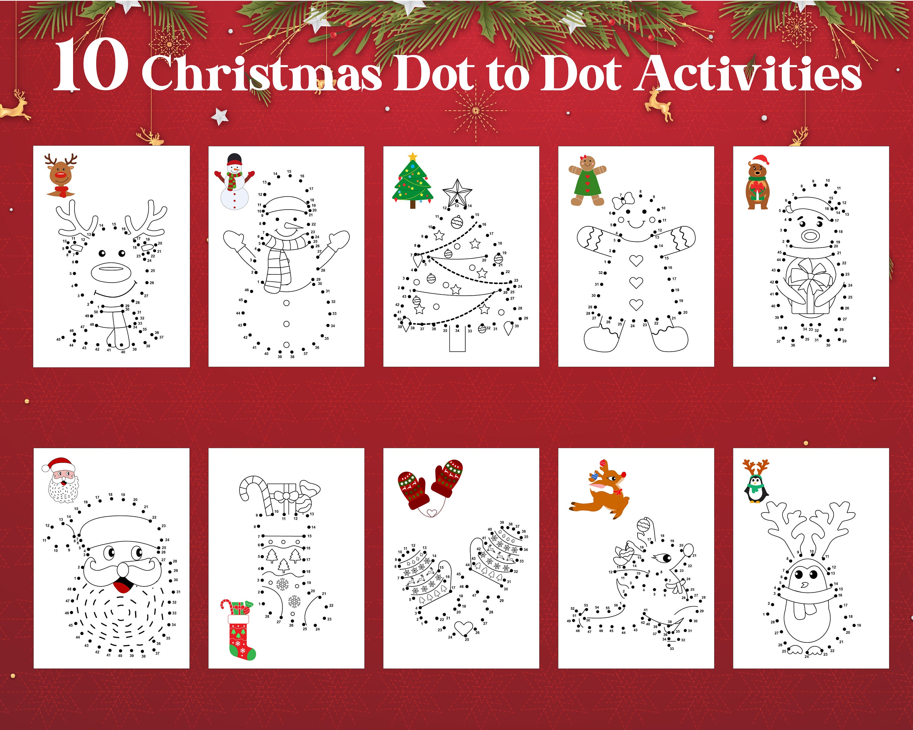 10 Christmas Dot to Dot Pages, Printable Activity Pages, Connect the ...
