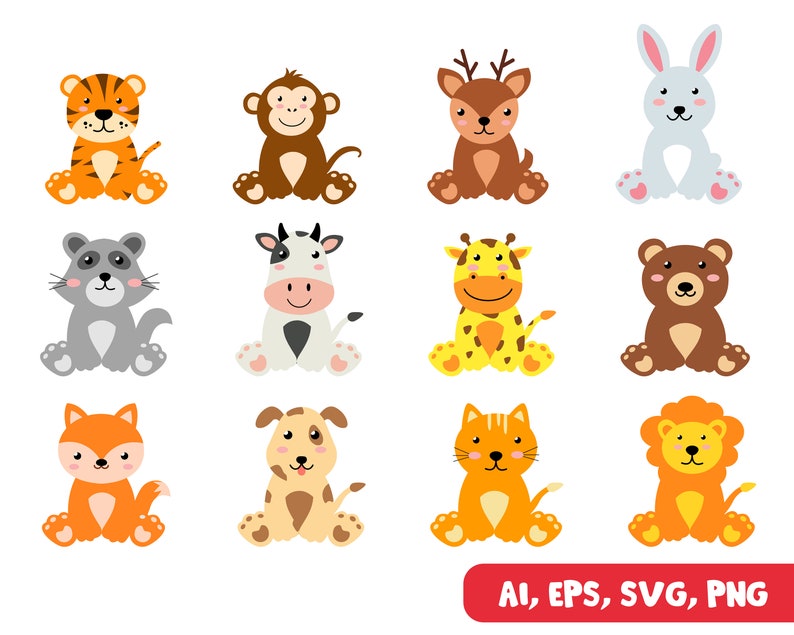 Süße Tiere Clipart, Set Tiere svg, Kinderzimmer Tier Clipart, Tier svg ...