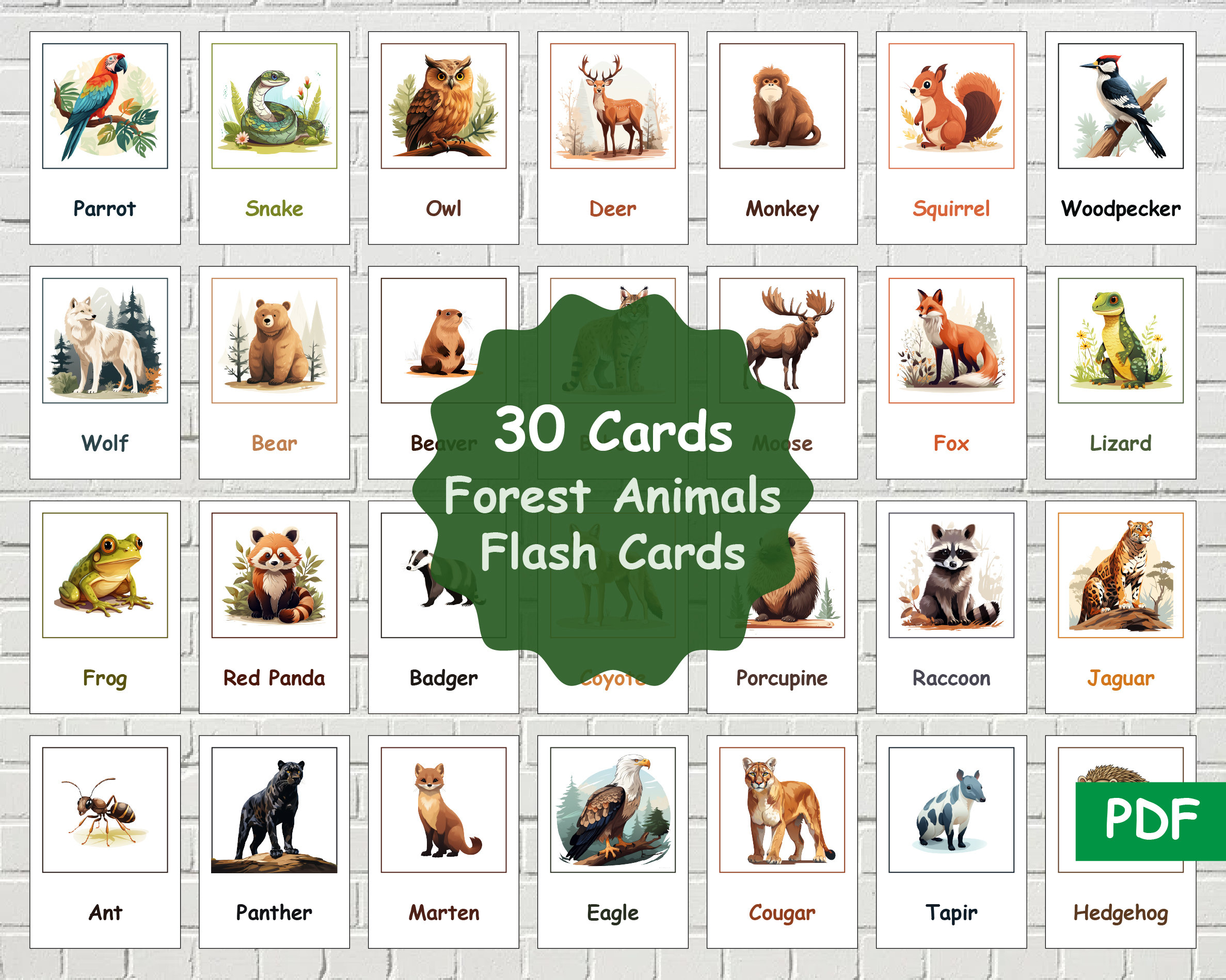 30 Forest Animals Flashcards, Forest Animals Vocabulary, Printable ...