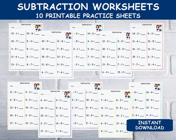 10 Printable Subtraction Worksheets Preschool-2nd Grade Math | Etsy
