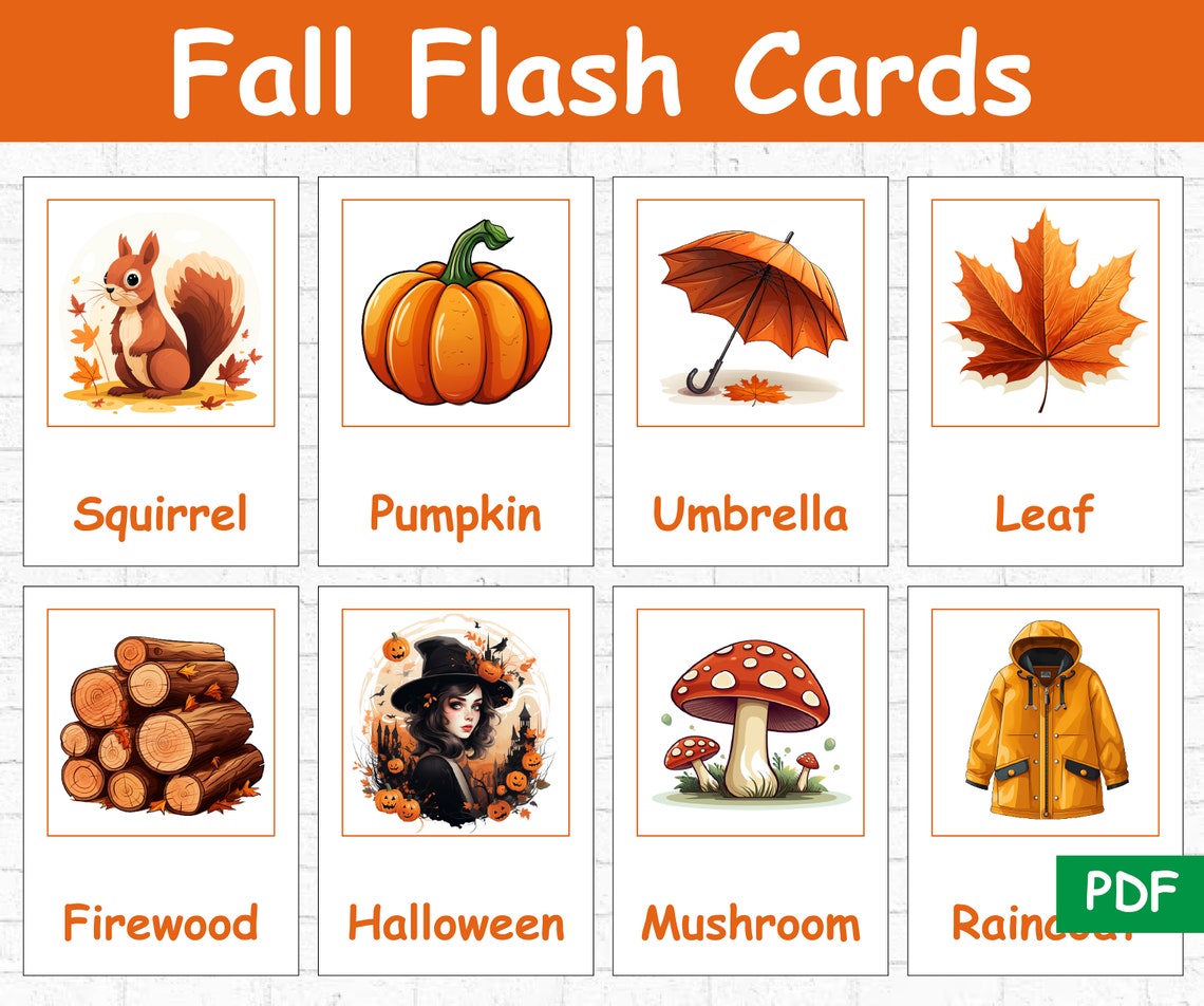 30 Fall Flashcards for Kids, Autumn-themed Vocabulary Cards, Seasonal ...