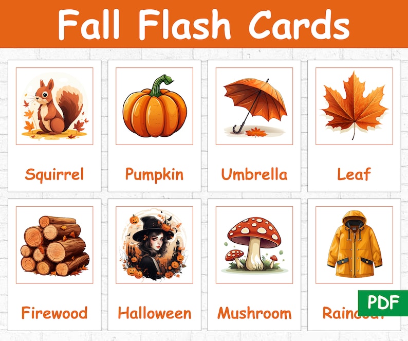 30 Fall Flashcards for Kids, Autumn-themed Vocabulary Cards, Seasonal ...